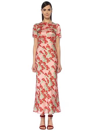 Bernadette Kadın Jane Pembe Çiçekli Maksi İpek Saten Elbise 36 IT