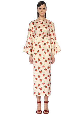 Bernadette Kadın Jackie Ekru Çiçekli Kemerli Midi Saten Elbise Kırmızı 34 IT