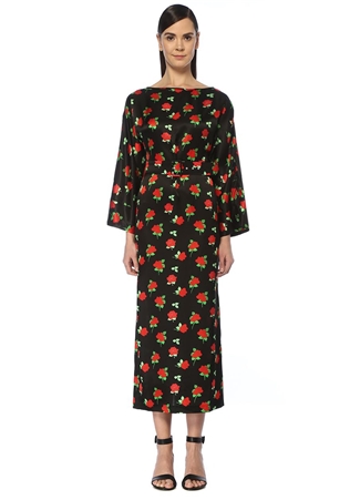 Bernadette Kadın Jackie Siyah Çiçekli Kemerli Midi Saten Elbise Kırmızı 36 IT