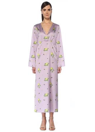 Bernadette Kadın Sarah Lila V Yaka Çiçekli Midi İpek Saten Elbise Mor 36 IT