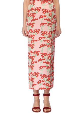 Bernadette Kadın Kelly Pembe Çiçekli Midi İpek Saten Etek 36 IT