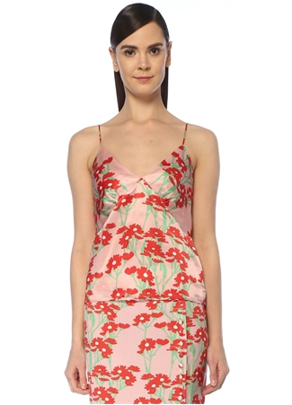 Bernadette Kadın June Pembe Çiçekli İnce Askılı İpek Saten Bluz 38 IT