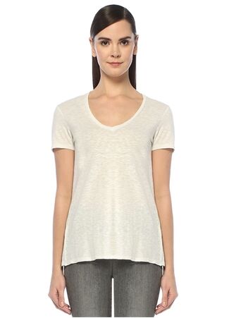 American Vintage Kadın Kobibay Beyaz U Yaka Basic T-shirt Bej XS EU