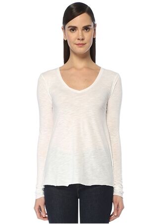 American Vintage Kadın Jacksonville Beyaz V Yaka Uzun Kol T-shirt S EU