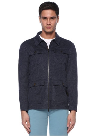 Pal Zileri Erkek Lacivert Polo Yaka Petek Dokulu Keten Dış Ceket L EU