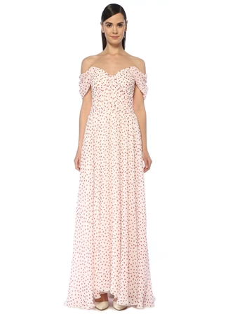 Tadashi Shoji Kadın Beyaz Düşük Omuzlu Puantiyeli Maksi Abiye Elbise 8 US