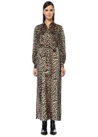 Ganni Kadın İngiliz Yaka Leopar Desenli Maksi İpek Elbise Kahverengi 36 FR