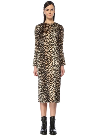 Ganni Kadın Leopar Desenli Bisiklet Yaka İpek Midi Elbise Kahverengi 34 FR