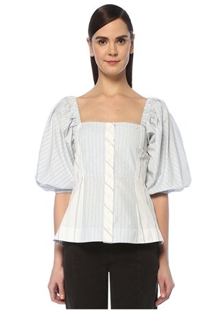 Ganni Kadın Mavi Beyaz Kare Yaka Karpuz Kol Bluz 36 FR