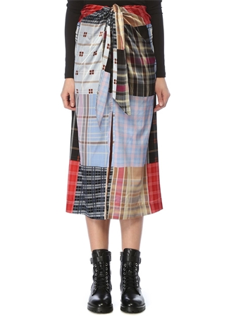 Ganni Kadın Colorblocked Geometrik Desenli Midi İpek Etek Mavi 34 FR