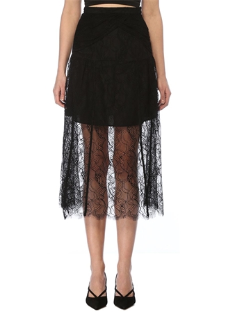 Self Portrait Kadın Siyah Drapeli Midi Dantel Abiye Etek 6 UK