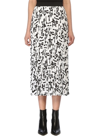 Maje Kadın Siyah Beyaz Desenli Pilili Midi Etek 36 FR
