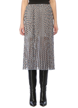 Maje Kadın Jela Mavi Geometrik Desenli Pilili Midi Etek 42 FR