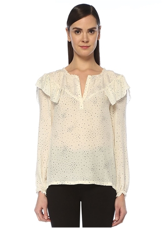 Maje Kadın Lacky Beyaz Yıldız Desenli Fırfır Detaylı Bluz Siyah FR