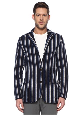 Lardini Erkek Lacivert Kelebek Yaka Çizgi Desenli Triko Ceket XL IT