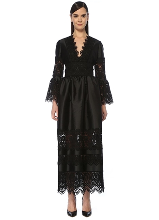 Erdem Kadın Irmina Siyah V Yaka Dantelli Maksi Abiye Elbise 0 US