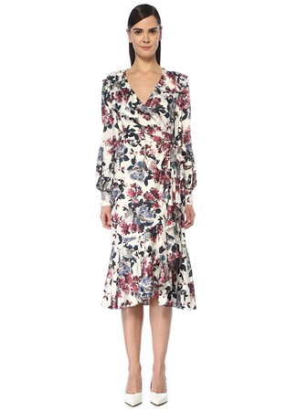 Erdem Kadın Jerridine Beyaz Çiçekli Midi Saten Anvelop Elbise Kırmızı 8 US