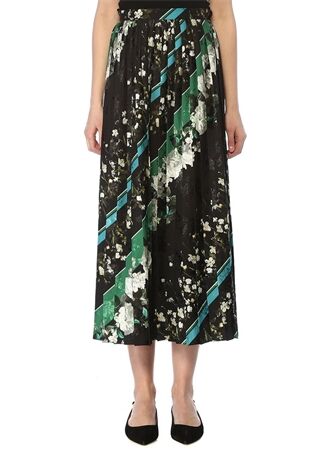 Erdem Kadın Nolana Siyah Çiçekli Pilili Midi Saten Etek 0 US