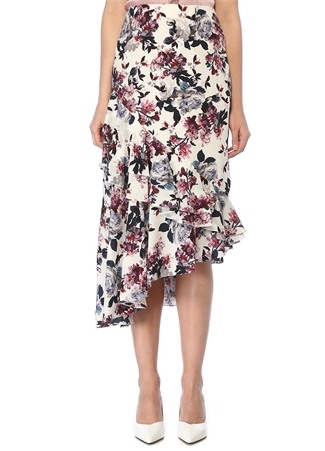 Erdem Kadın Antoinette Beyaz Çiçekli Asimetrik Midi İpek Etek Kırmızı 0 US