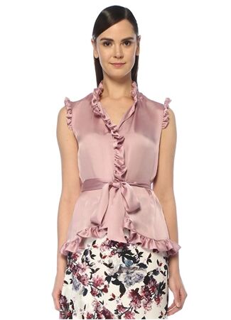 Erdem Kadın Maha Pembe Dik Yaka Fırfırlı Kuşaklı Bluz 2 US