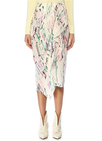 Isabel Marant Kadın Fabiana Ekru Desenli Drapeli Midi İpek Etek Bej 38 FR