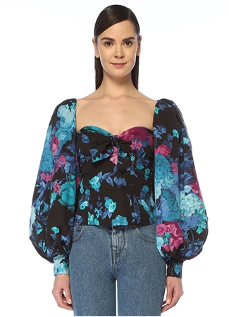 The Attico Kadın Mavi Siyah Kalp Yaka Çiçekli Balon Kol Bluz 38 IT