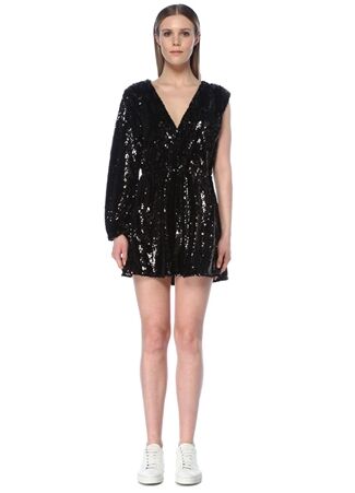 Les Benjamins Kadın Siyah İşlemeli Tek Kol Mini Kokteyl Elbise M EU