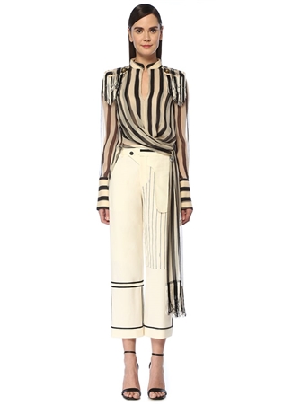 Monse Kadın Ekru Siyah Çizgili Püsküllü İpek Şifon Gömlek 2 US