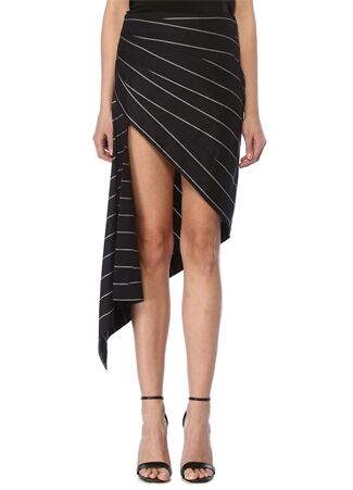 Monse Kadın Lacivert Asimetrik Çizgili Midi Yün Etek 2 US