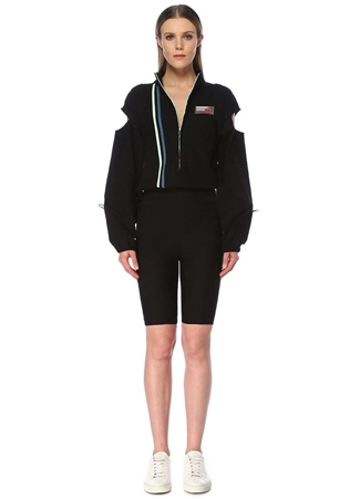 Les Benjamins Kadın Siyah Dik Yaka Kesim Detaylı Kısa Biker Tulum M EU