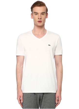 Lacoste Erkek Beyaz V Yaka Logolu Basic T-shirt S EU