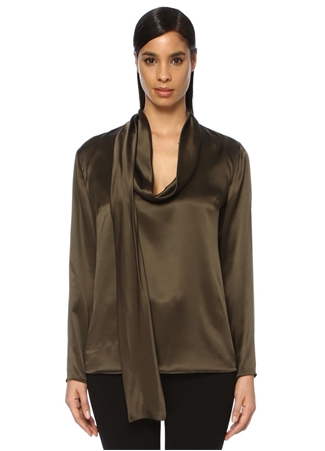 Tom Ford Kadın Haki Yakası Fularlı Drapeli İpek Saten Bluz Yeşil 40 IT