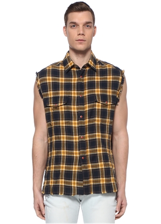 Alanui Erkek Sarı Lacivert Polo Yaka Kareli Kolsuz Gömlek M EU