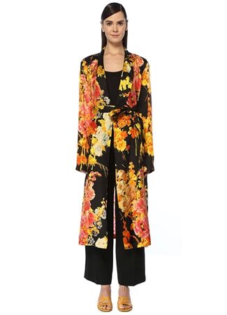 Dries Van Noten Kadın Siyah Çiçek Desenli Kuşak Detaylı Ceket L EU
