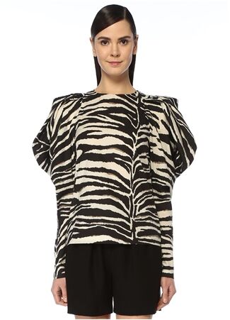 Dries Van Noten Kadın Bej Siyah Zebra Desenli Kol Detaylı Bluz 42 FR