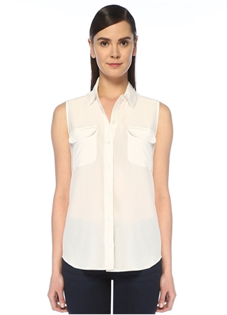 Equipment Kadın Slim Signature Beyaz Kolsuz İpek Gömlek L EU