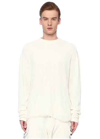 Unravel Erkek Krem File Dokulu Çift Katlı Uzun Kollu T-shirt Beyaz S EU