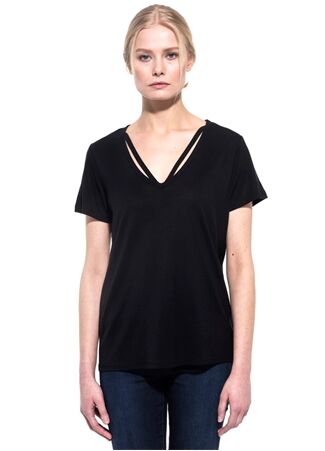 Tru Kadın Siyah V Yaka Biye Detaylı T-shirt XS/S EU Tru Kadın Siyah V Yaka Biye Detaylı T-shirt XS/S EU