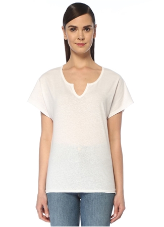Tru Kadın Beyaz Kesik Yaka Nopeli T-shirt S/M EU Tru Kadın Beyaz Kesik Yaka Nopeli T-shirt S/M EU