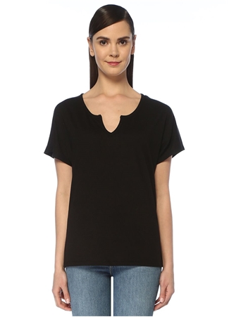 Tru Kadın Siyah Kesik Yaka Nopeli T-shirt S/M EU Tru Kadın Siyah Kesik Yaka Nopeli T-shirt S/M EU