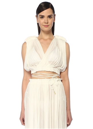 Elena Makri Kadın Antigone Beyaz Bağcıklı Kruvaze İpek Bluz EU