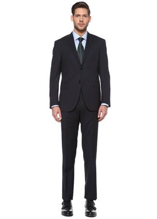 Corneliani Erkek Drop 7 Lacivert Çizgi Desenli Yün Takım Elbise 54 IT