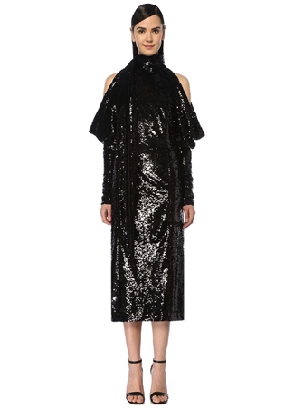 6Arlington Kadın Siyah İşlemeli Omzu Açık Midi Kokteyl Elbise 0 US