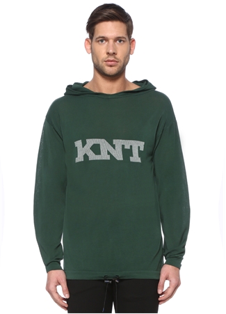 Knt Erkek Haki Kapüşonlu Logo Jakarlı Kazak Beyaz XL EU