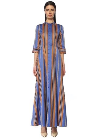 Evi Grintela Kadın Amaryllis Mavi Çizgili Maksi Gömlek Elbise XS EU