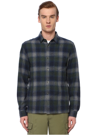 John Elliott Erkek Sly Gri Mavi Polo Yaka Kareli Yün Gömlek Lacivert S EU