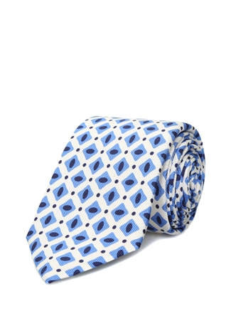 Tino Cosma Erkek Mavi Beyaz Geometrik Desenli İpek Kravat EU