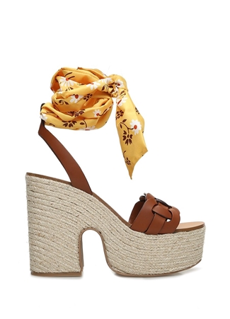 Miu Kadın Taba Sarı Bağcıklı Platform Topuklu Deri Sandalet Kahverengi 40 EU
