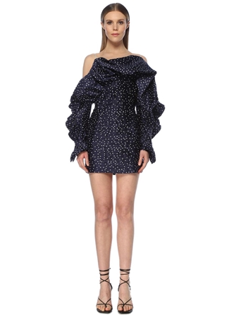 Magda Butrym Kadın Trani Lacivert Puantiyeli Taş Askılı Mini Elbise 38 FR