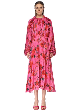 Magda Butrym Kadın Dover Pembe Çiçekli Asimetrik Midi İpek Elbise 36 FR